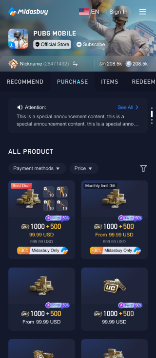 Top up Store Midasbuy United States USA Official Top up center Game Coin Props Shop